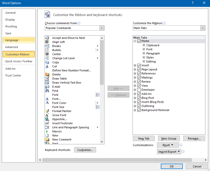 Customizing the Ribbon