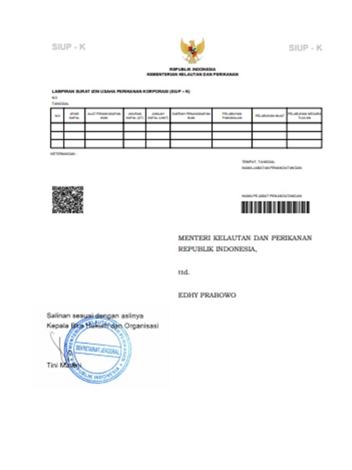 Bentuk dan Format Surat Izin Usaha Bidang Perikanan Tangkap (Korporasi)