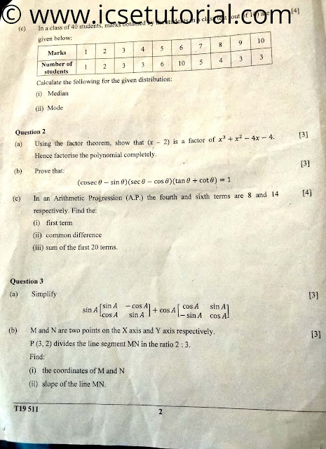 ICSE Tutorials: ICSE-10-Previous Year Question Paper 2019-Mathematics