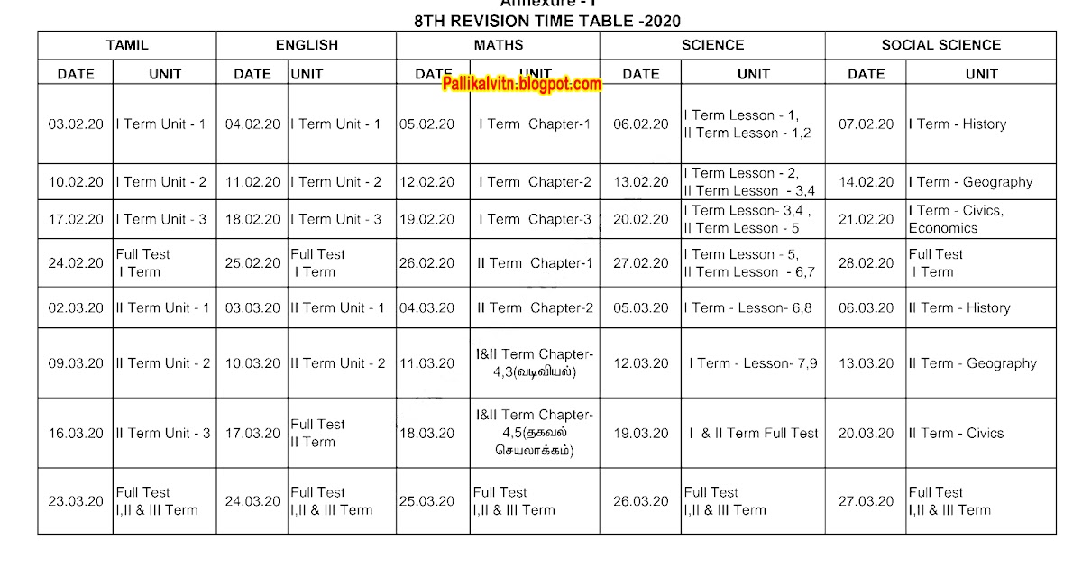 8 th Revision Time Table 2020 - Erode District - Pallikalvi Teachers News