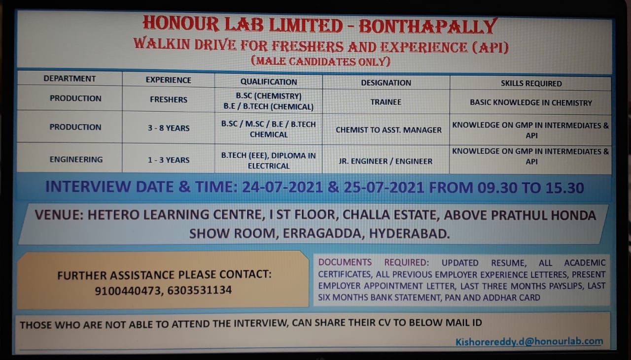 Walk-Ins for Freshers & Experienced in Production / Engineering on 24th ...