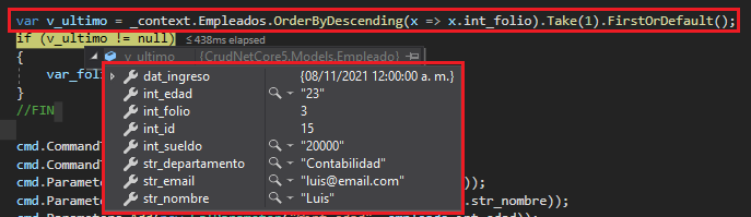 Obtener los valores del último registro en la tabla de Sql Server con Linq