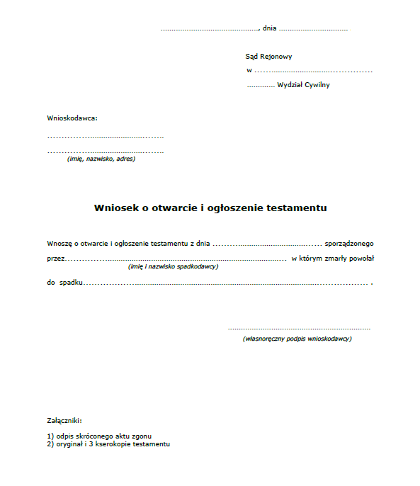 Wniosek o otwarcie testamentu