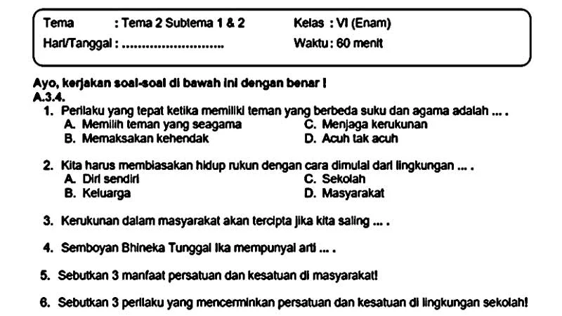 Soal Ulangan Kelas 6 Tema 2 Subtema 1 dan 2 dan + Kunci Jawaban - SekolahDasar.Net