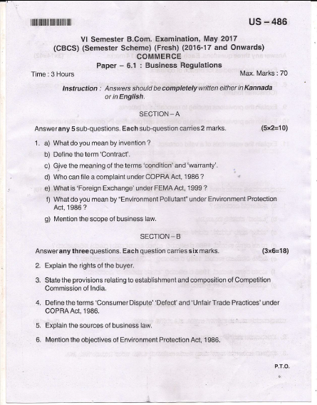 Bangalore University B.Com. COMMERCE PAPER - 6.1 : BUSINESS REGULATIONS ...