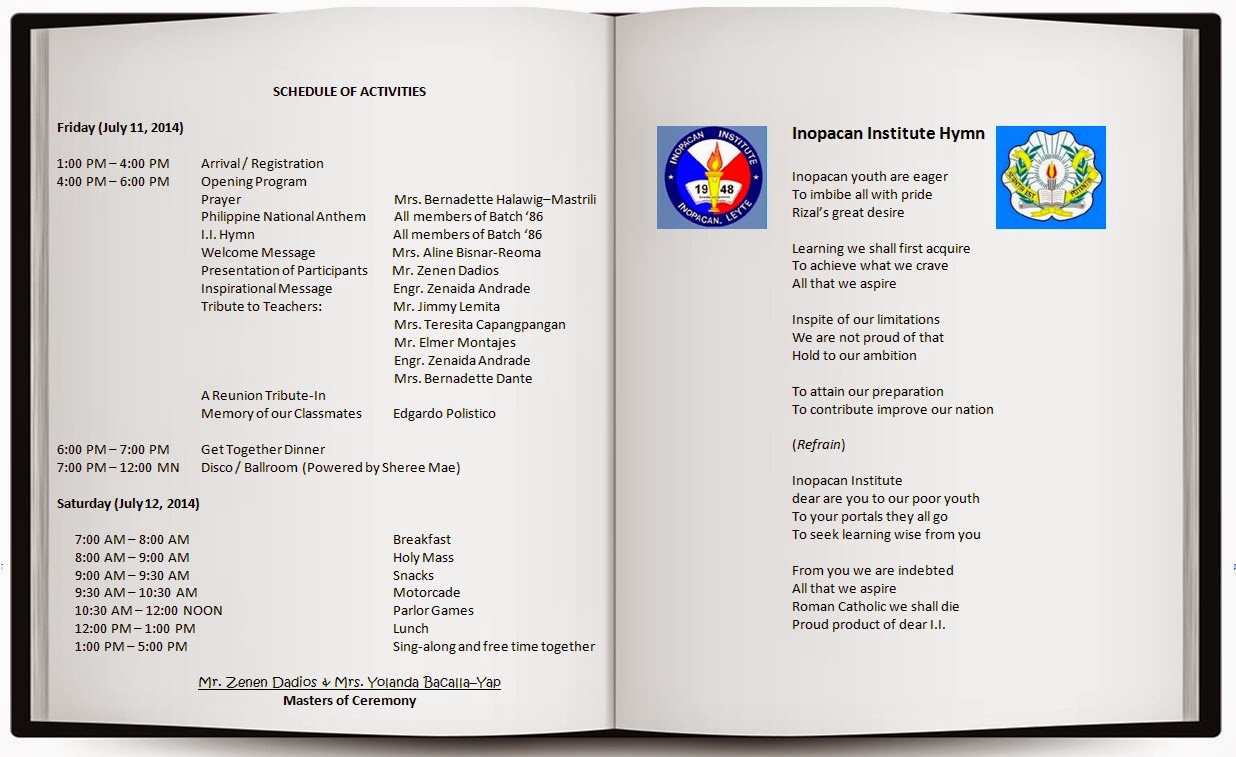 INOPACAN INSTITUTE: Batch '86 Reunion Programme of activities