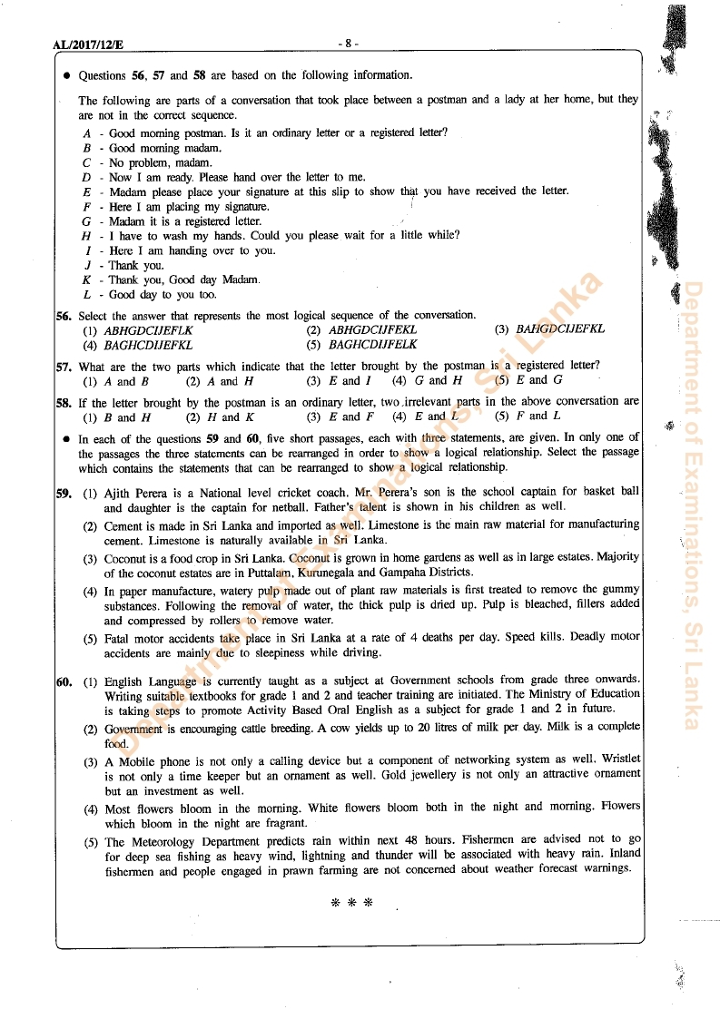 GCE A/L 2017 General knowledge Past Paper - www.lkedu.lk