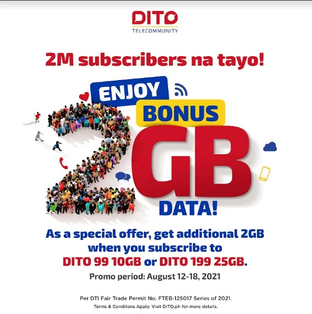 Get 2GB FREE data when you avail of DITO's 25GB for 199 and 10GB for 99 ...