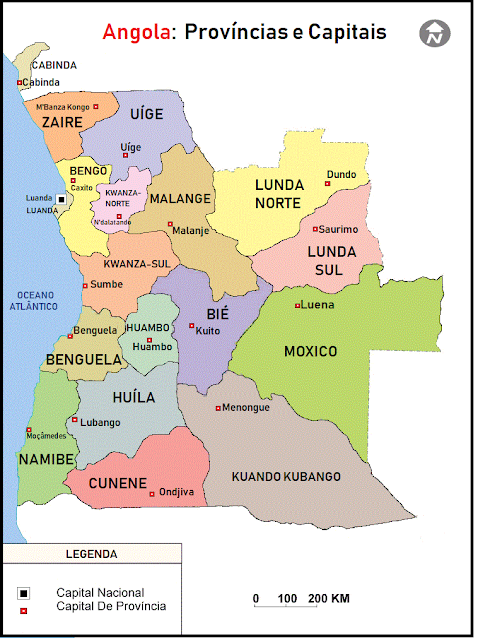 Blog de Geografia: Mapa de Angola com províncias e capitais