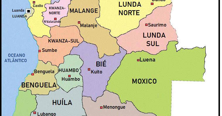 Blog de Geografia: Mapa de Angola com províncias e capitais