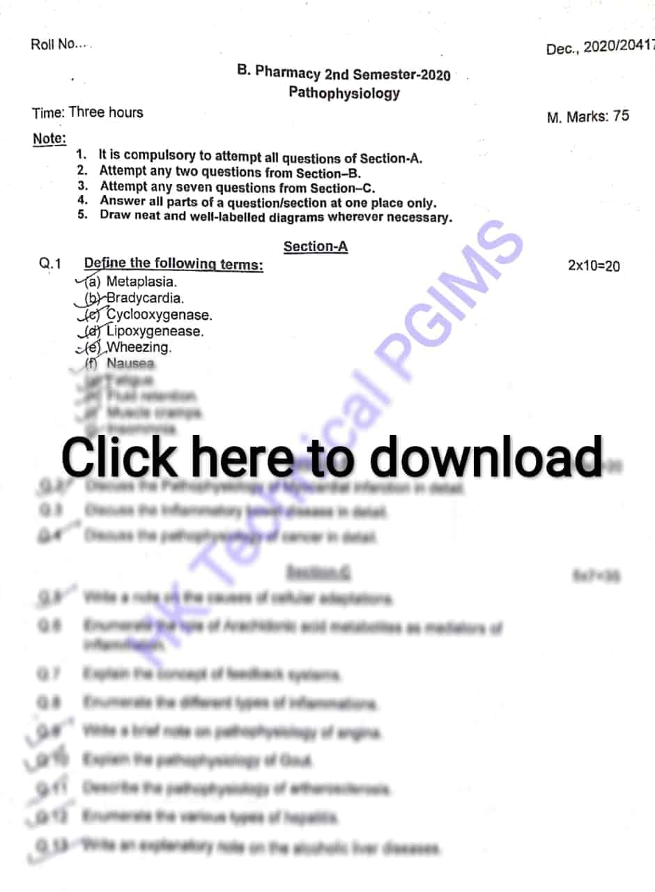 BP204T - Pathophysiology (Question paper 2020)- B Pharmacy 2nd Semester ... BP204T - Pathophysiology (Question paper 2020)- B Pharmacy 2nd Semester ...
