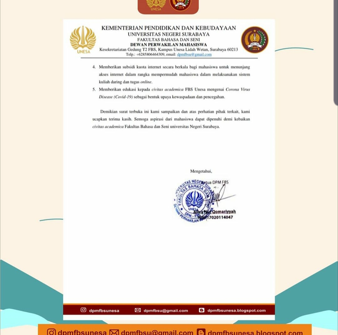 DPM FBS Unesa: SURAT TERBUKA DPM FBS UNESA 2020
