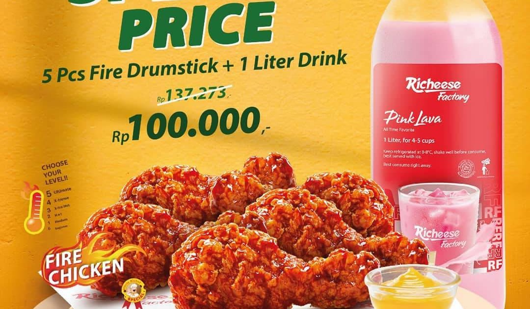 RICHEESE FACTORY Promo SPECIAL PRICE 5 FIRE DRUMSTICK + 1L MINUMAN cuma ...