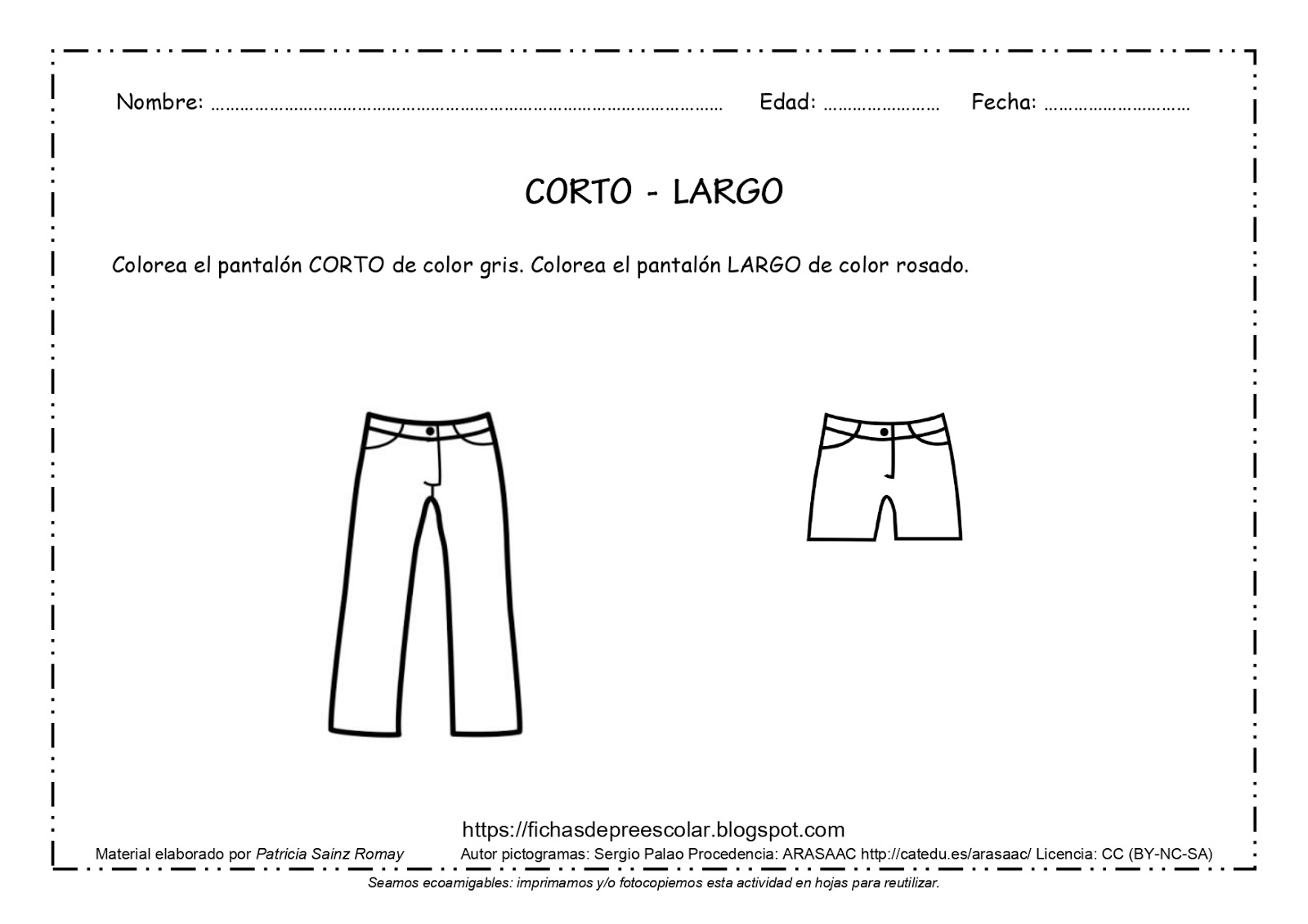 FICHAS DE EDUCACIÓN PREESCOLAR: FICHAS DE CONCEPTOS BÁSICOS: Corto y largo.