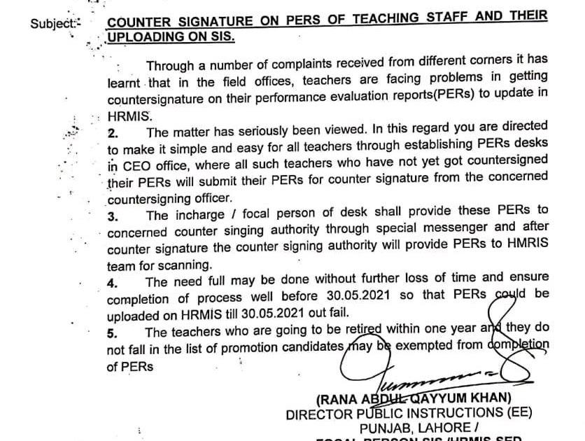 COUNTER SIGNATURE ON PERs OF TEACHING STAFF AND THEIR UPLOADING ON SIS