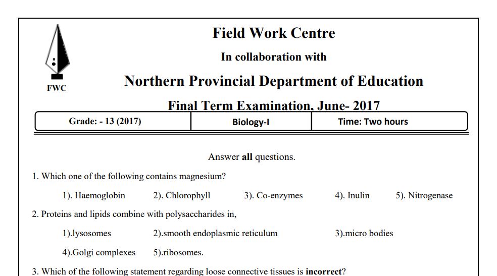Biology with Scheme | Field Work Center -Term Exam Paper June 2017 |G.C ...