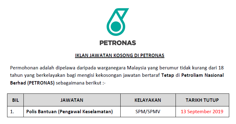 Jawatan Kosong di PETRONAS - Polis Bantuan - ejawatankini.com Jawatan Kosong di PETRONAS - Polis Bantuan - ejawatankini.com