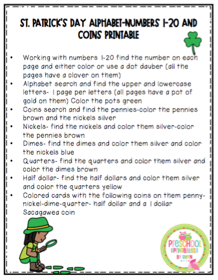 St. Patrick's Day Alphabet-Number and Coin Printable ~ Preschool Printables