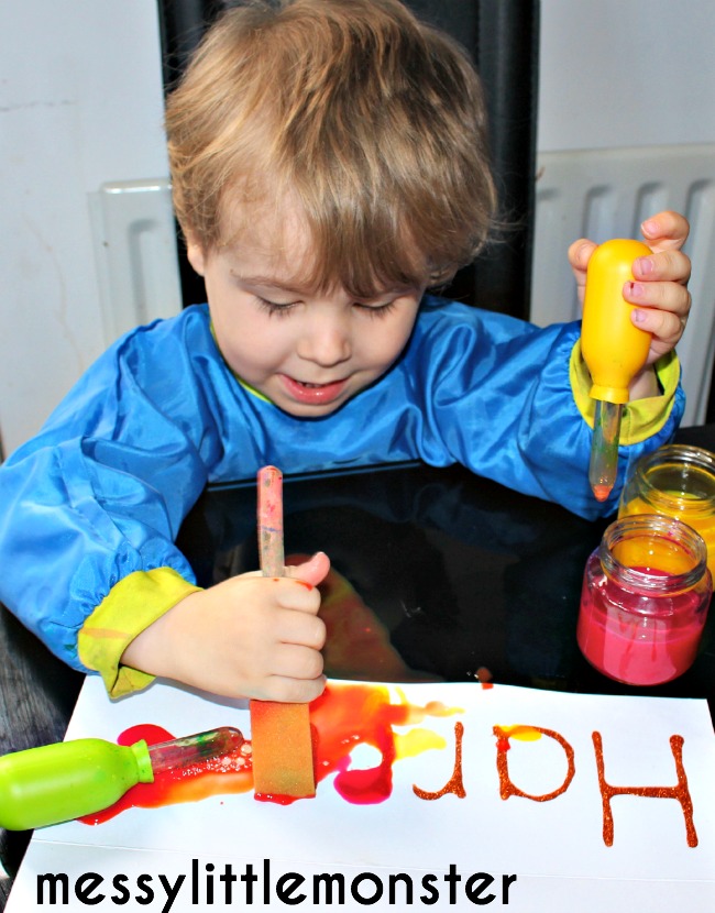 Name Writing Activity using Glitter Glue - Messy Little Monster