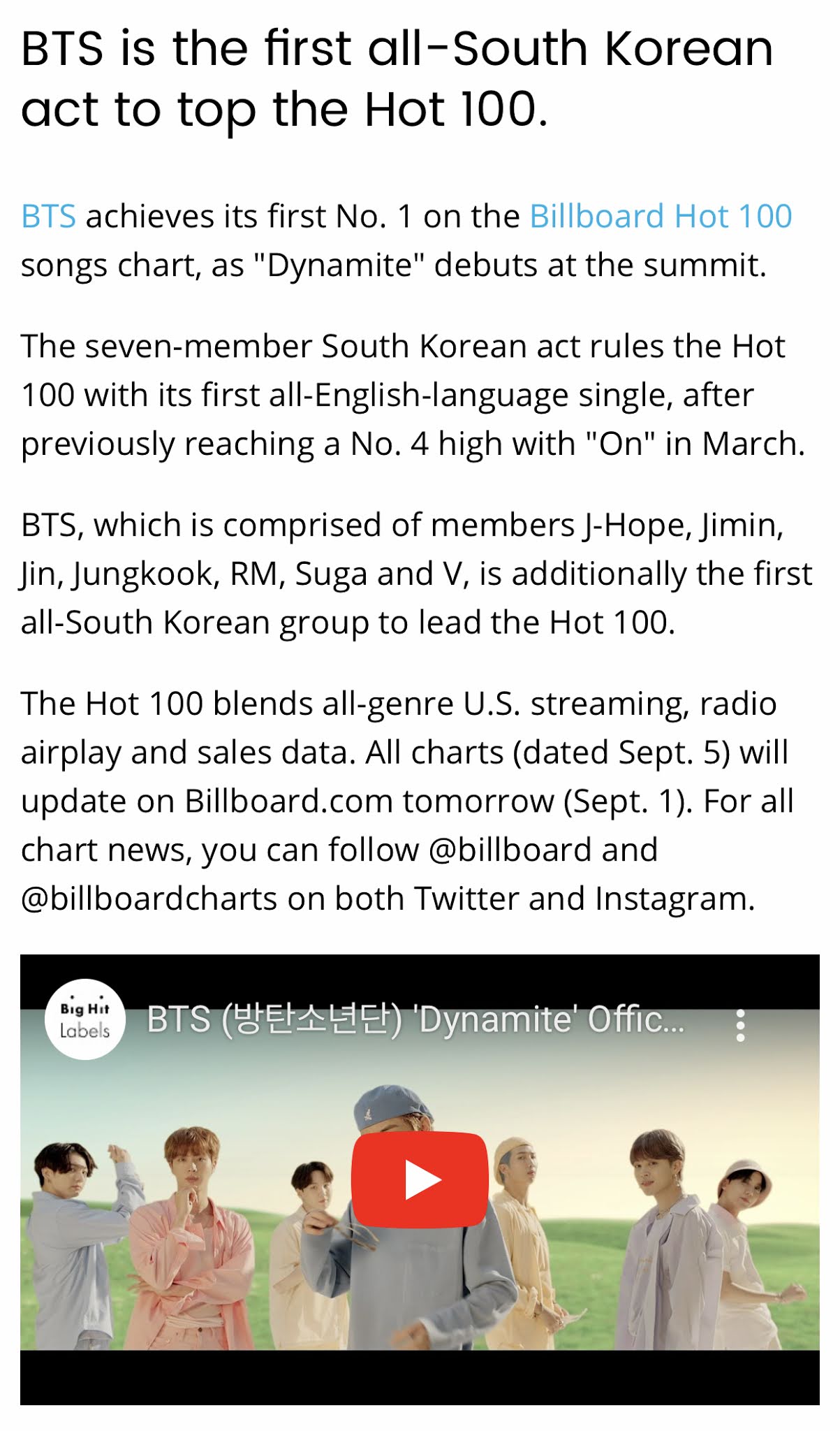 BTS Earns Their First Billboard Hot 100 No. 1 with "Dynamite ...