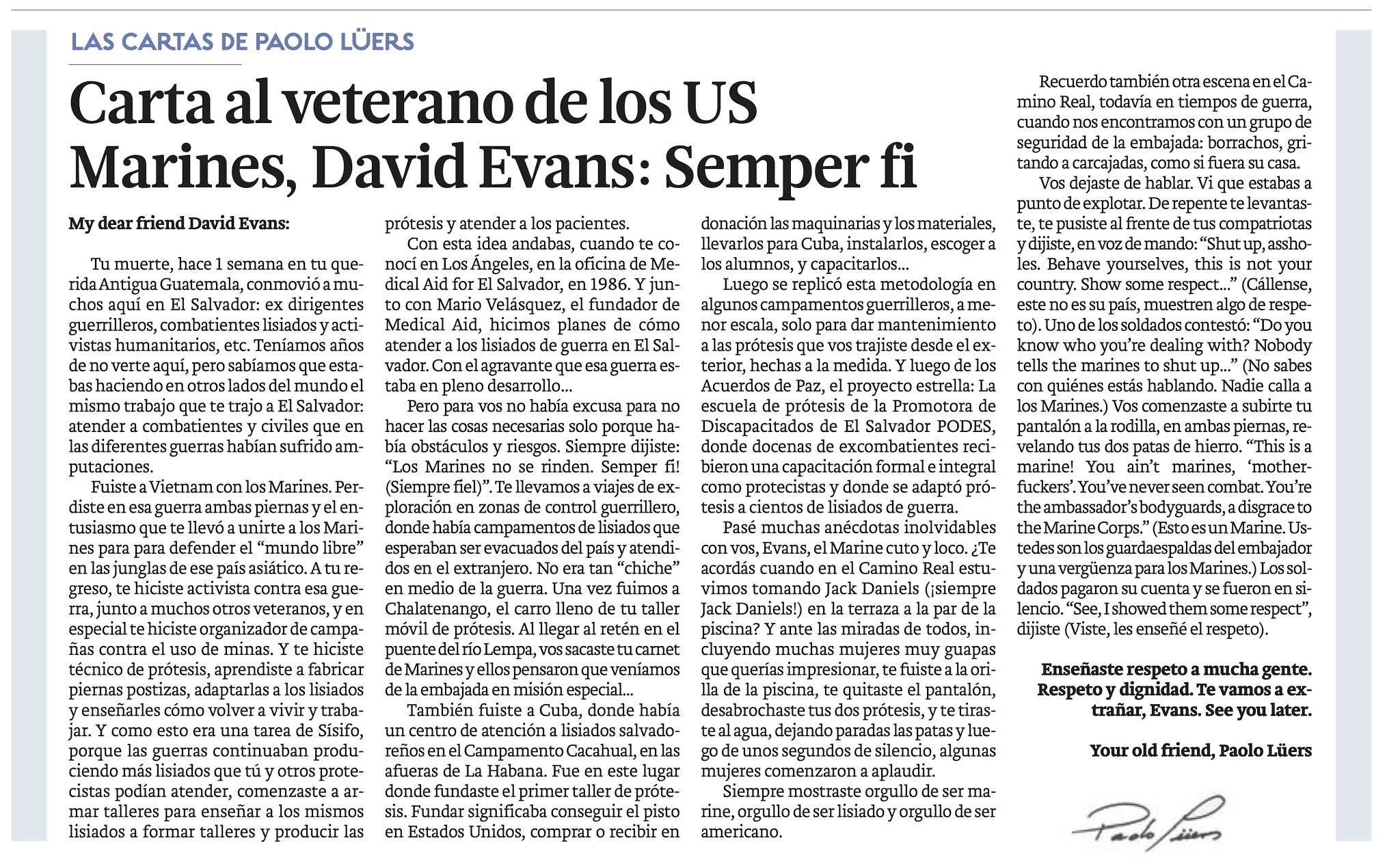 siguiente página: Carta a un veterano de los US Marines: Semper fi