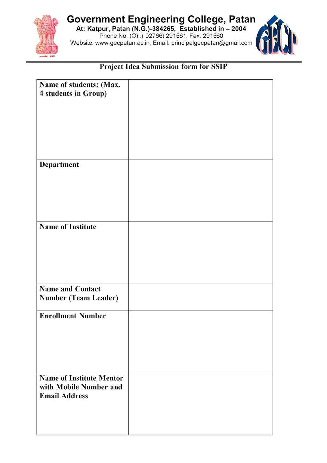 MECHANICAL ENGINEERING DEPARTMENT, GEC PATAN: Project idea submission form MECHANICAL ENGINEERING DEPARTMENT, GEC PATAN: Project idea submission form