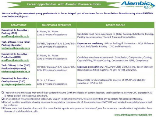 Career opportunity with Alembic Pharmaceutical in production quality control and packaging