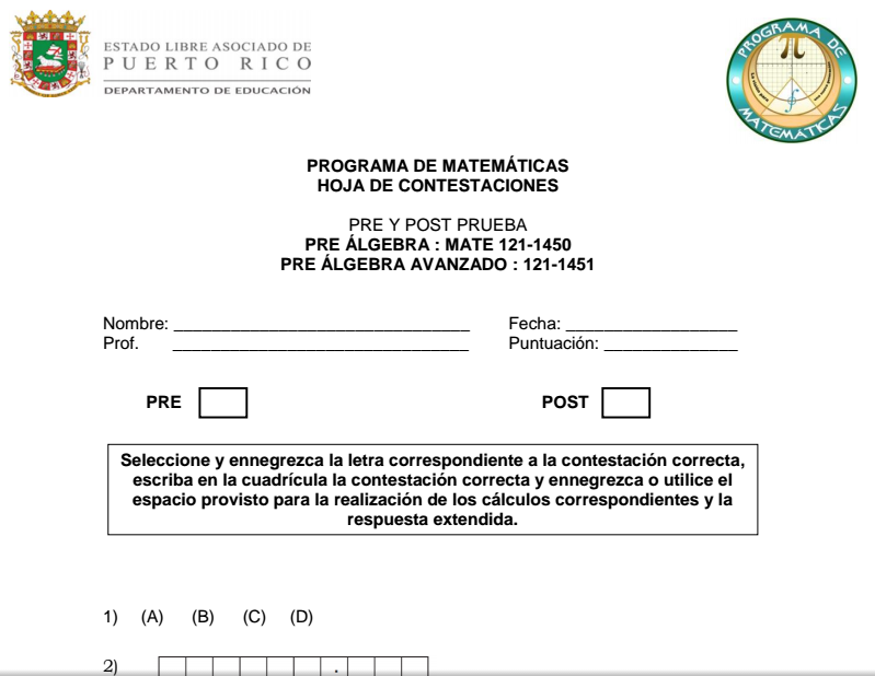 Programa de Matemáticas del Distrito Escolar de Yabucoa: Pre y Post Pruebas