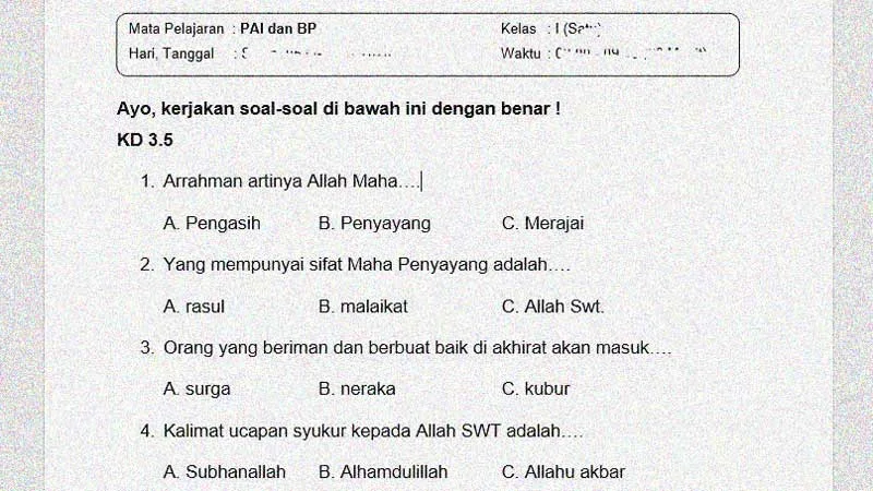 Soal dan Kunci Jawaban PTS Mapel PAI dan BP Kelas 1 Semester 1 - SekolahDasar.Net