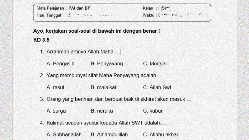 Soal dan Kunci Jawaban PTS Mapel PAI dan BP Kelas 1 Semester 1 ... Soal dan Kunci Jawaban PTS Mapel PAI dan BP Kelas 1 Semester 1 ...