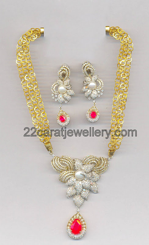 Gold Long Chains with Flower Model Diamond Pendants - Jewellery Designs