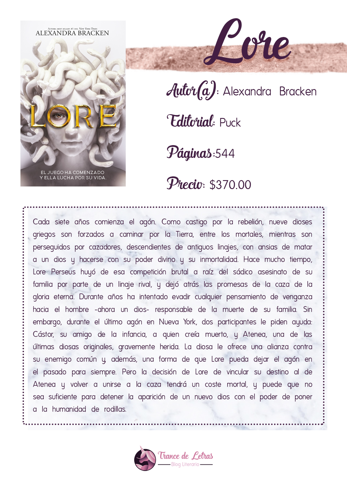 Trance de Letras: Reseña: Lore de Alexandra Bracken