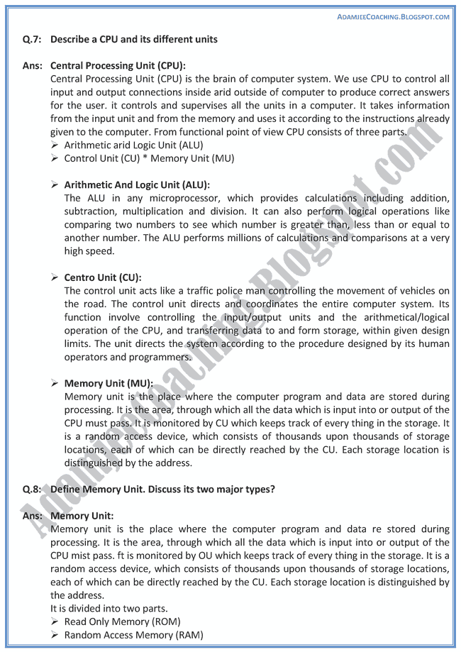 Adamjee Coaching Computer Components Descriptive Question Answers Computer Ix