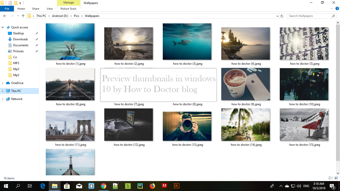 How to show pictures thumnails in Windows 10
