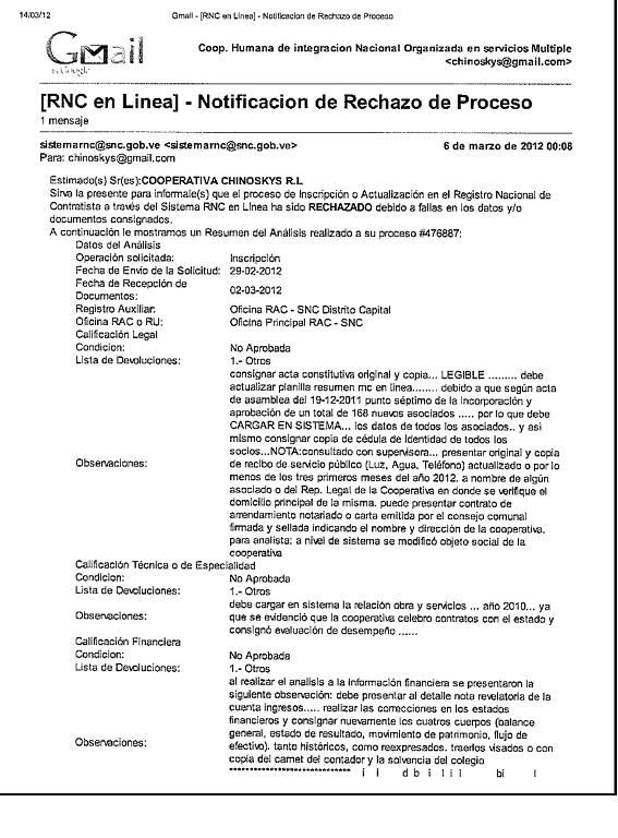 COOPERATIVA CHINOSKYS: PAGO DE FACTURAS CANTV