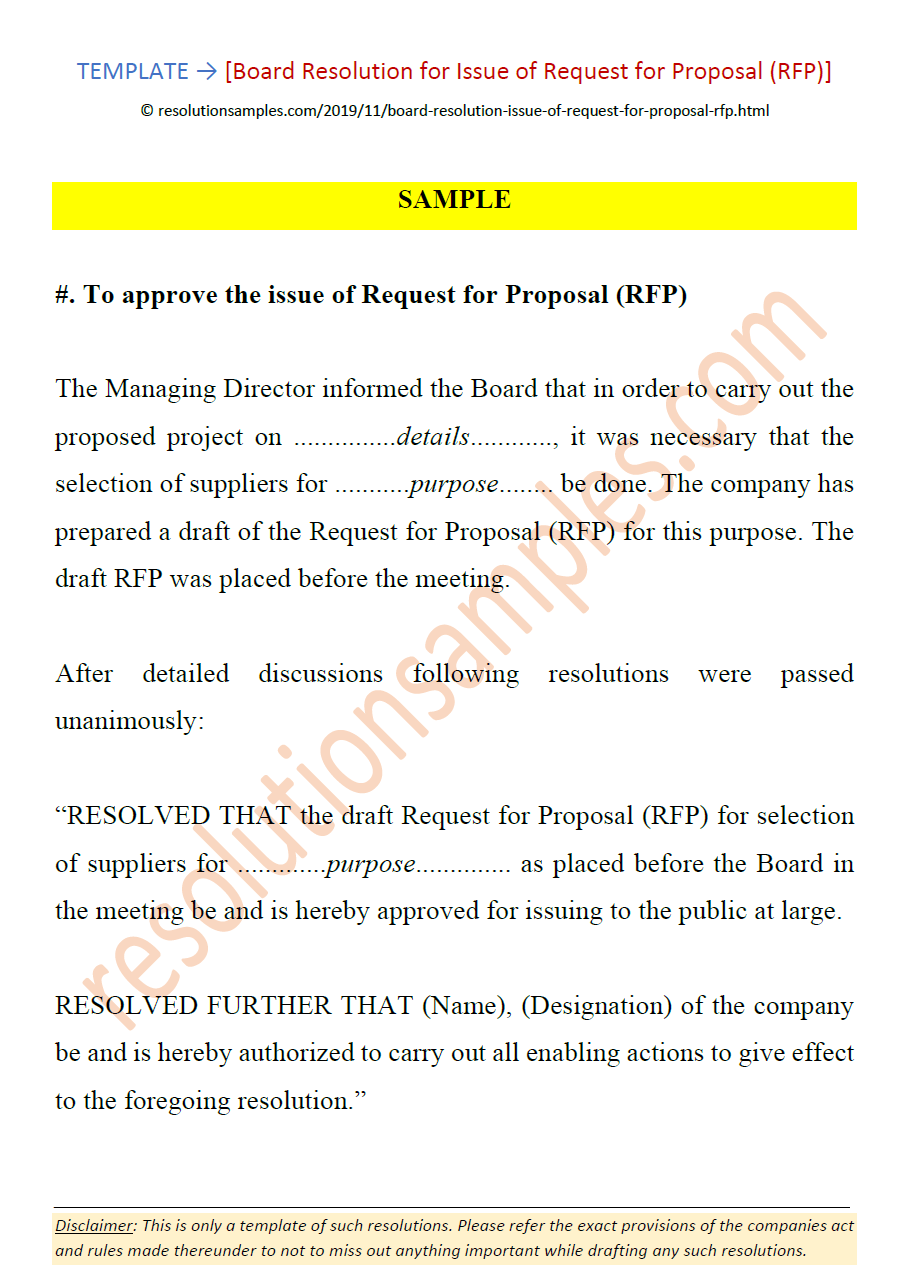 Draft Board Resolution for Issue of Request for Proposal (RFP)