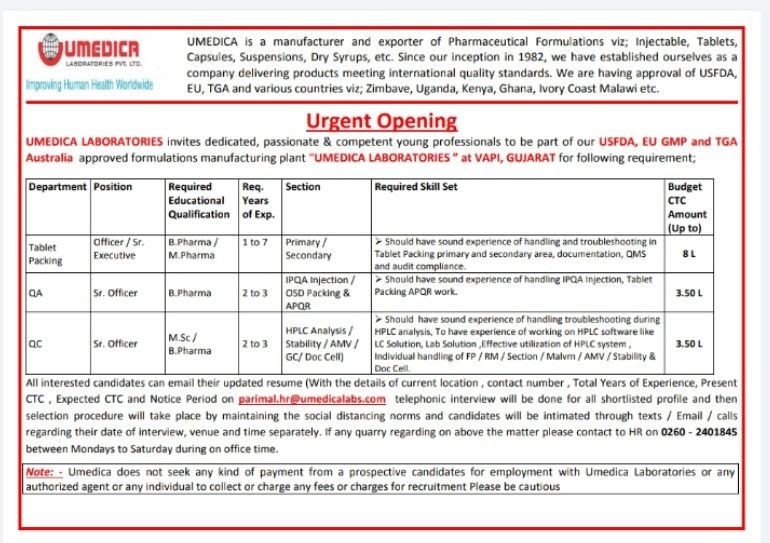 JOB ALERTS HUB: Urgent Openings for Tablet Packing / QA / QC Departments @ Umedica Laboratories ...