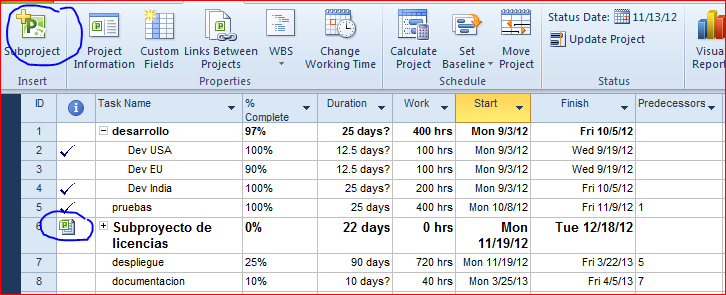 Mis ceros y unos: Subproyectos en Microsoft Project 2010