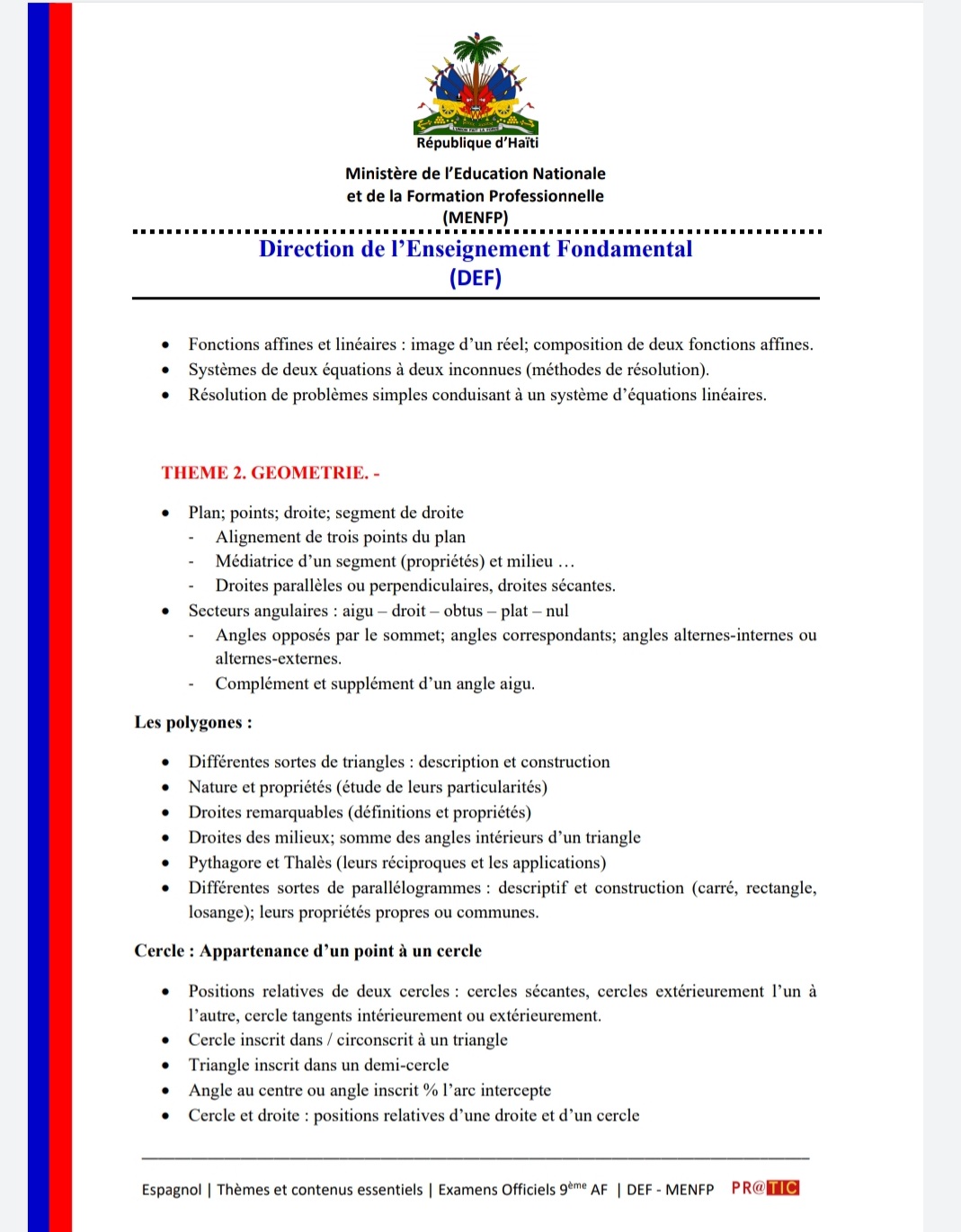 Thèmes et contenus essentiels des Examens Officiels ( 9ème année ...