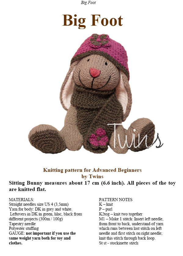 Twins' Knitting Pattern MiniShop: Big Foot, knitted bunny