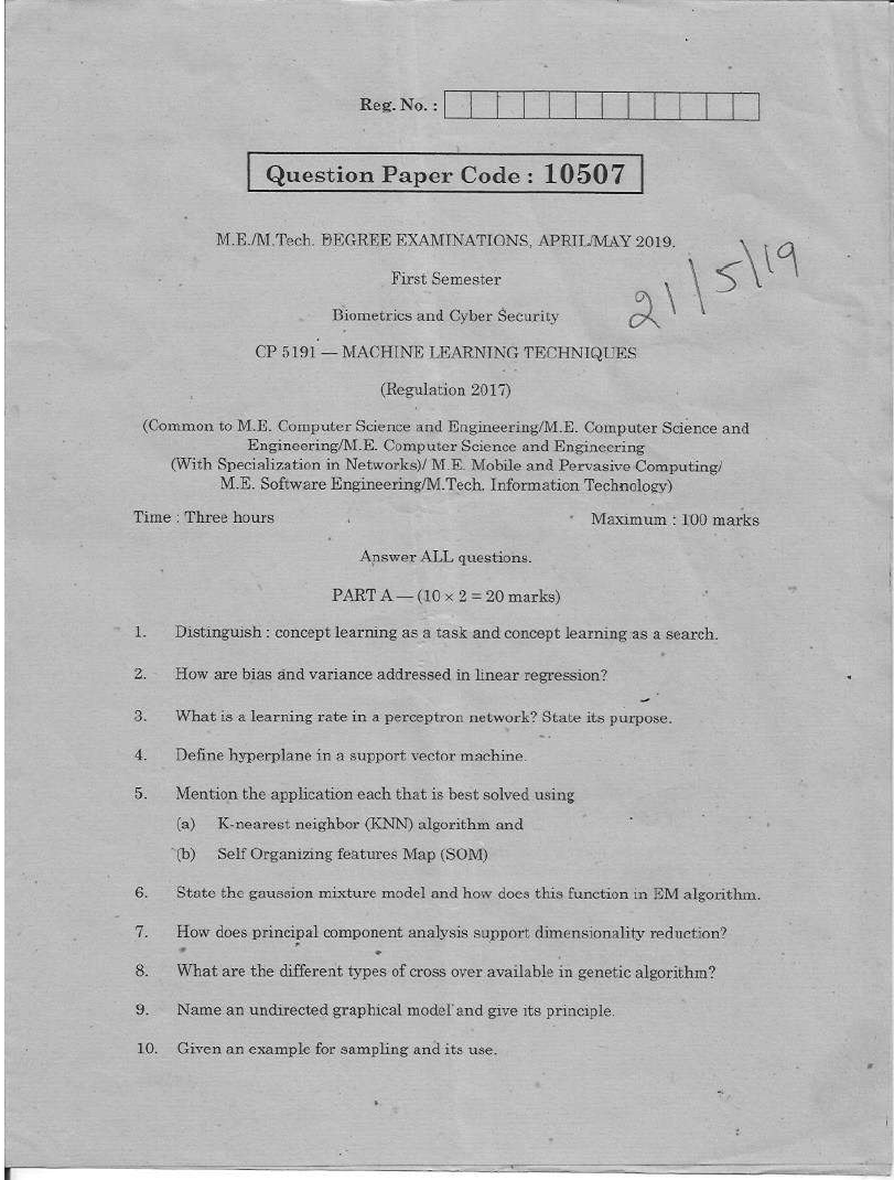 Anna University CP 5191-MACHINE LEARNING TECHNIQUES APRIL MAY 2019 ...