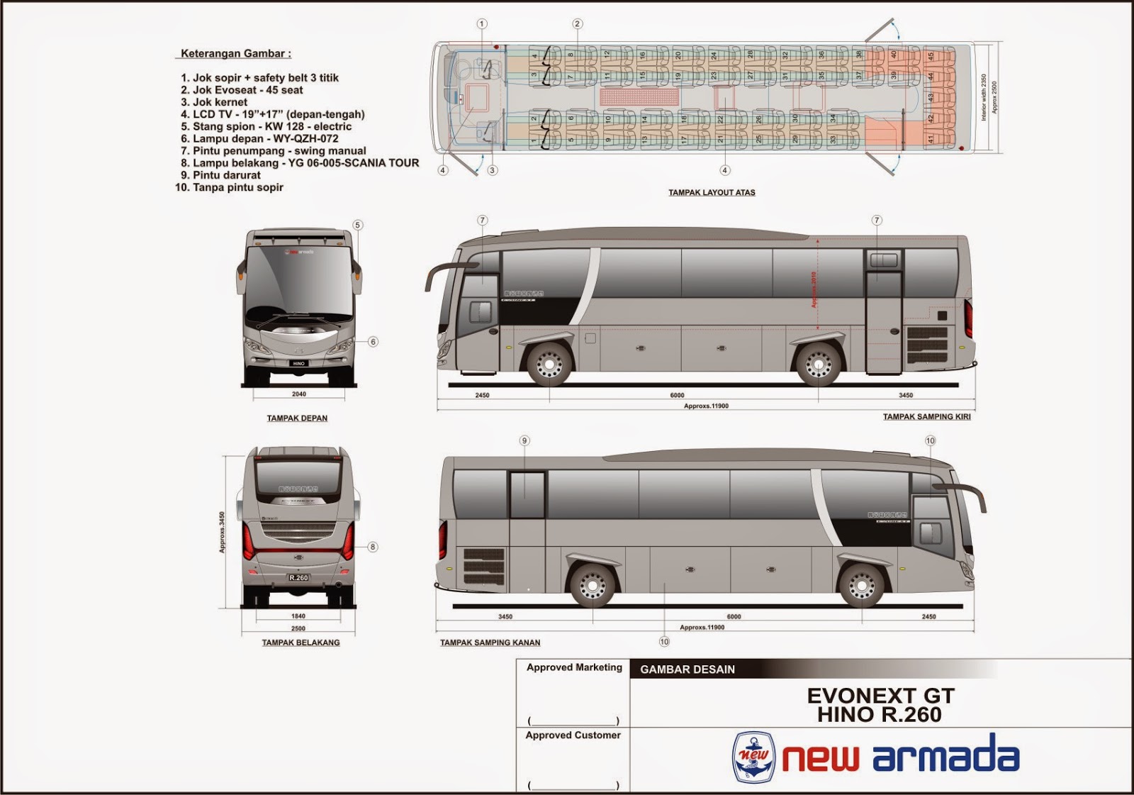 Spesifikasi Deluxe 45 seat Bus Evonext GT Hino R260 - Karoseri New Armada
