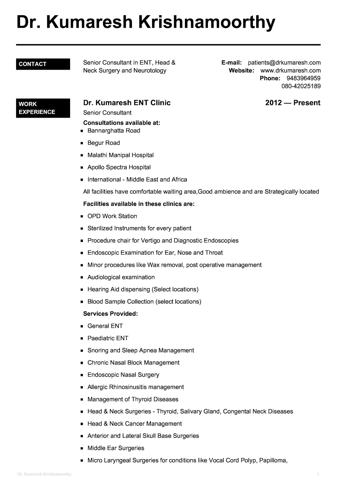 Dr Kumaresh ENT Clinic: CV of Dr Kumaresh - Senior Consultant Dr ...