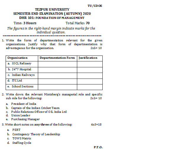 TEZPUR UNIVERSITY (TU/CDOE) AUTUMN SEMESTER END DHR 101: FOUNDATION OF ...