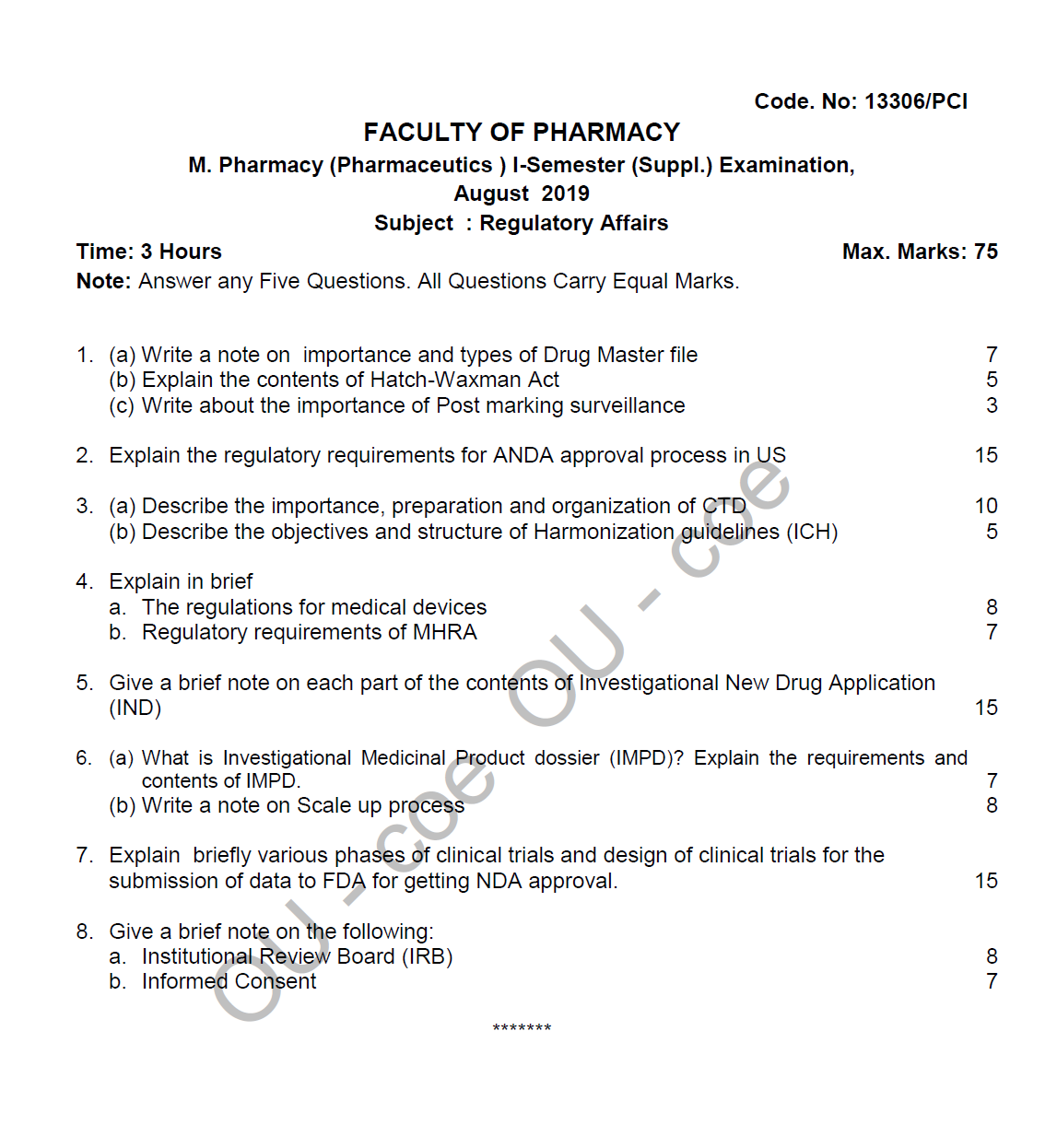 Osmania University M. Pharmacy (pharmaceutics) I-Semester (Suppl ...