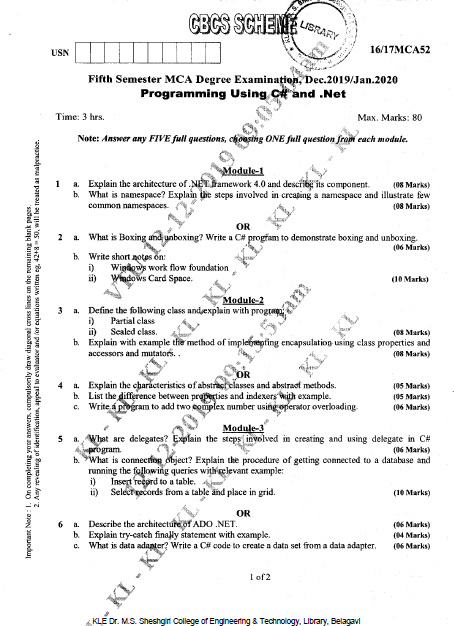 Visvesvaraya Technological University Mca Cbcs Fifth Semester 1617mca52 Programming Using