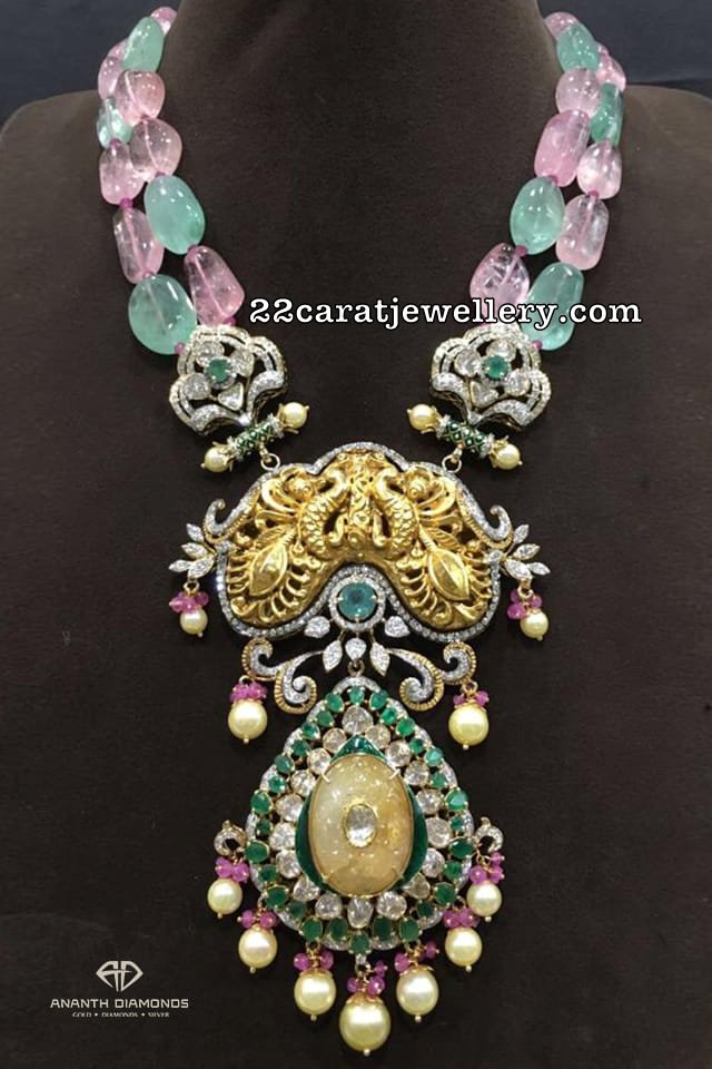 Colorful Beads Set with Nakshi Diamond Locket - Jewellery Designs