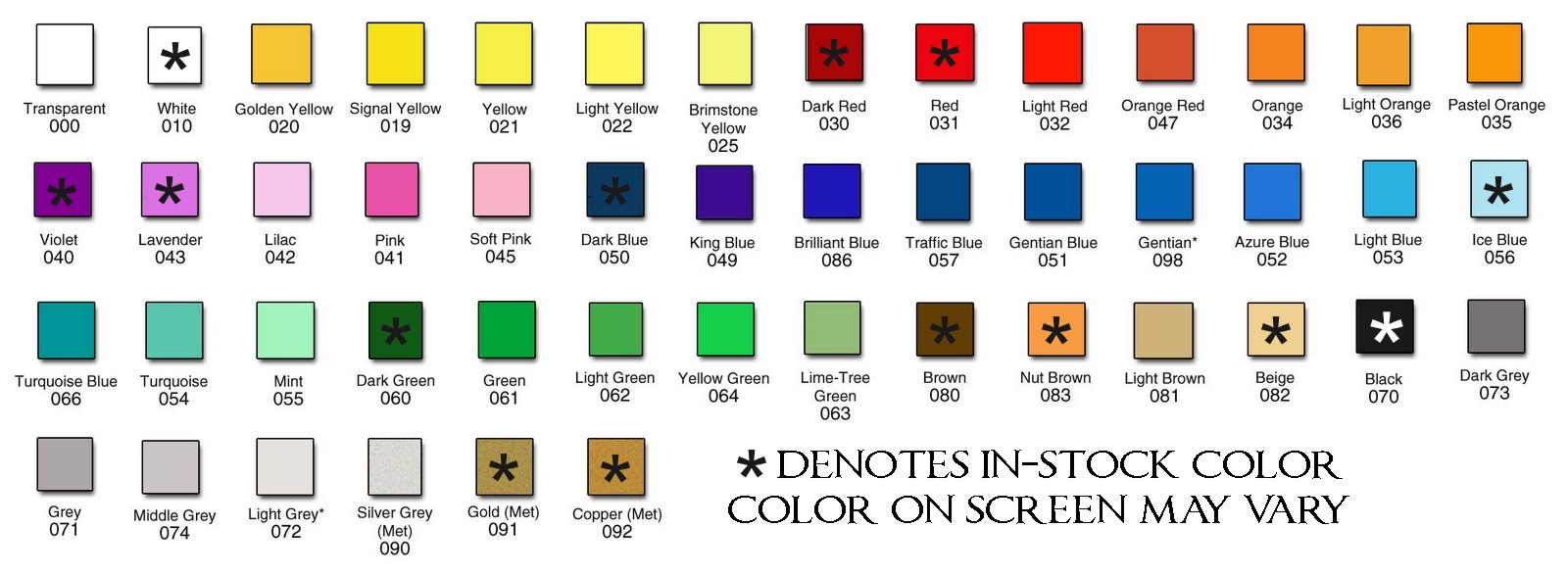 Color Chart: vinyl colors