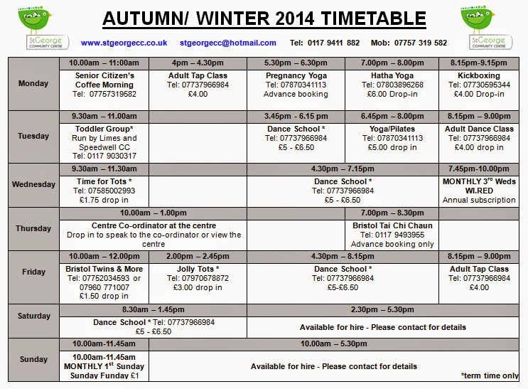 St George Community Centre: New Autumn & Winter Timetable