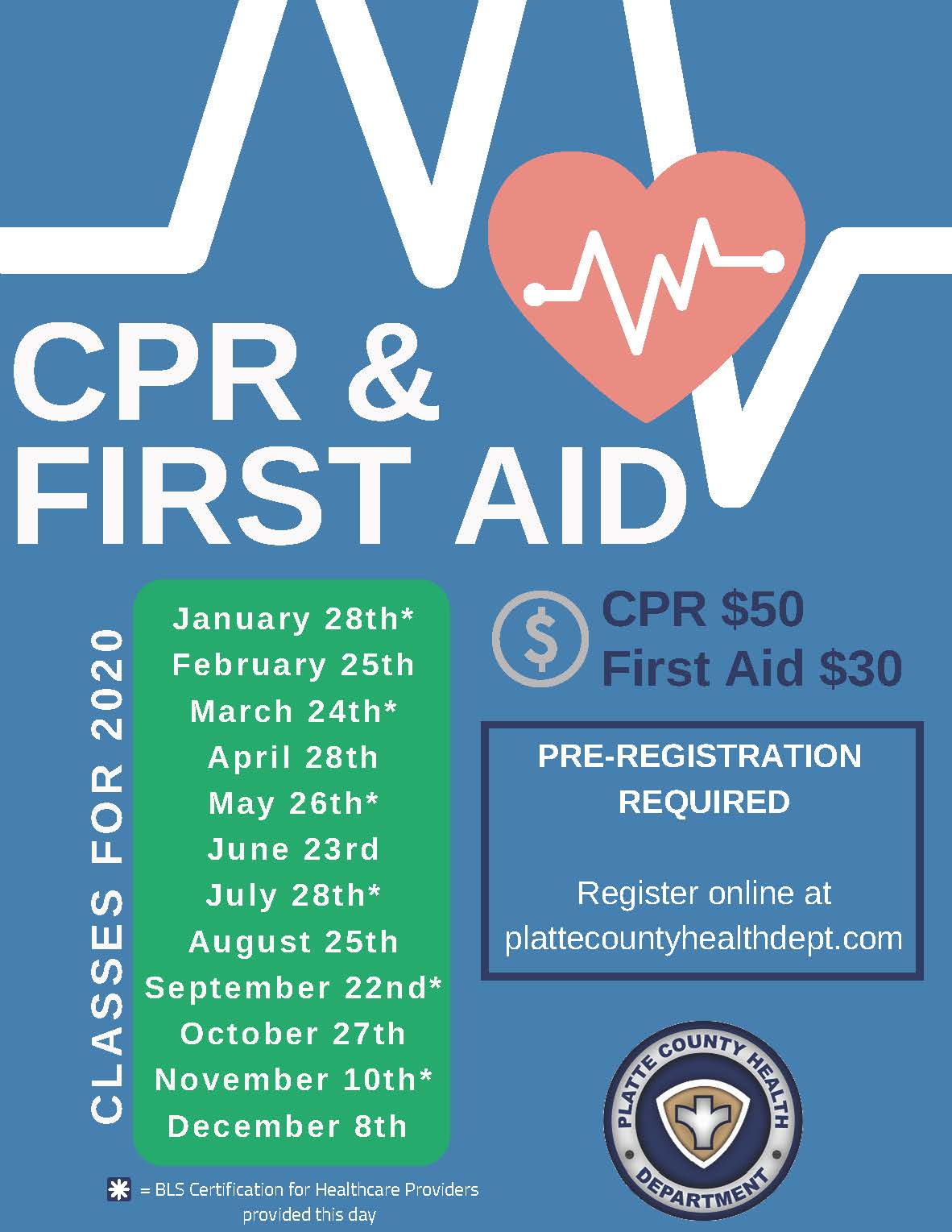 Health Education: 2020 CPR & First Aid class dates are now available.